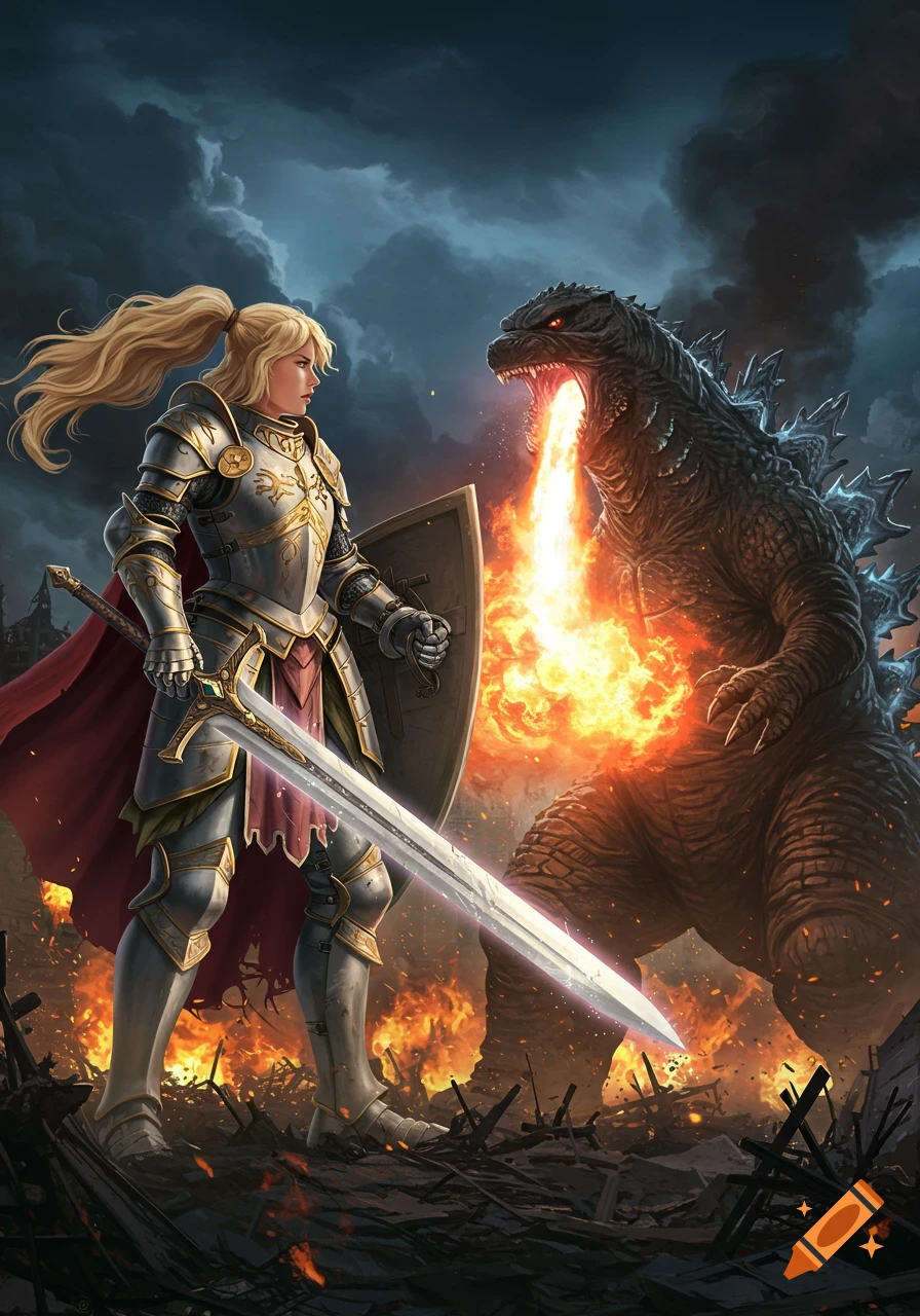 A knight girl in armor fights a giant monster resembling Godzilla ...