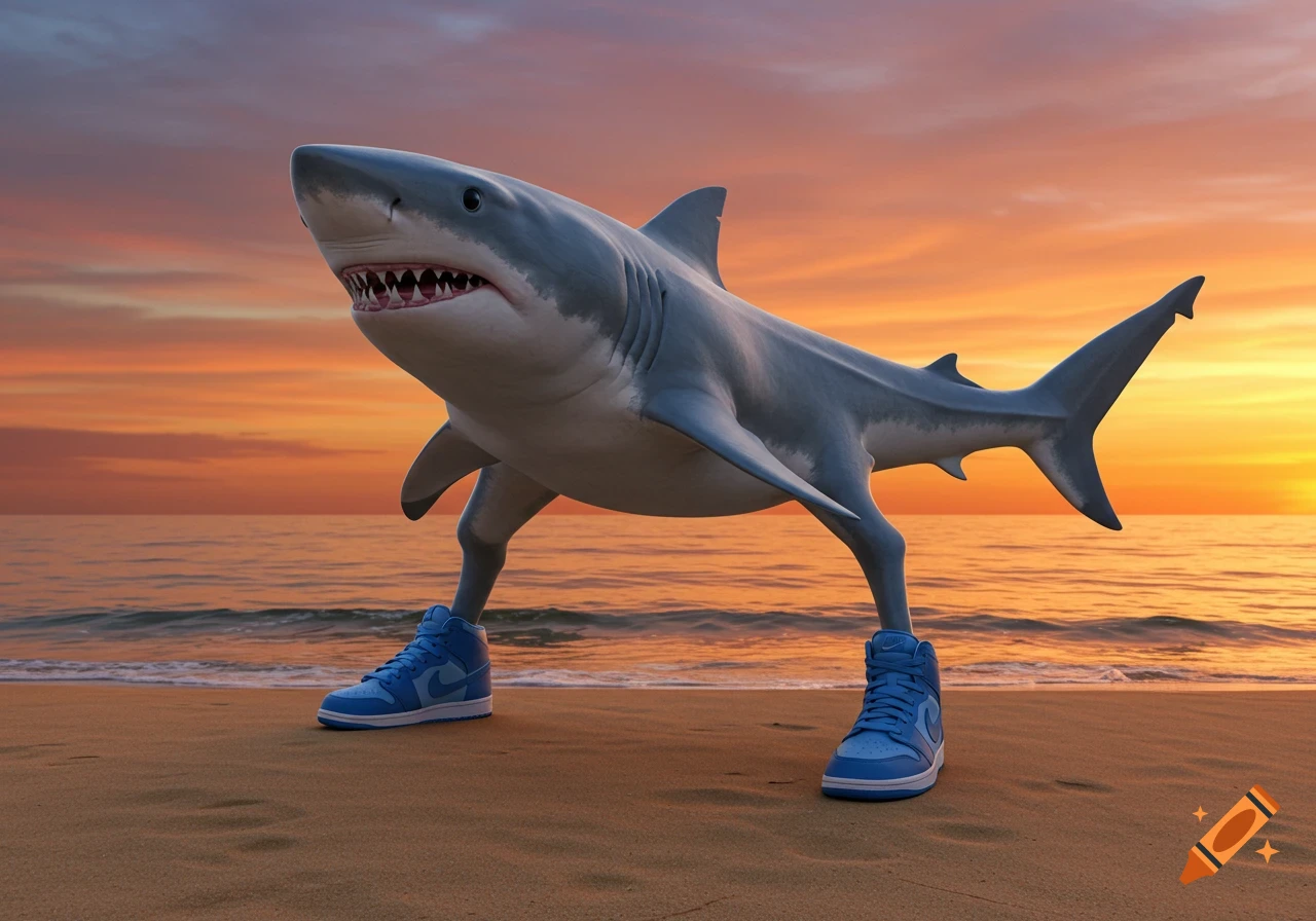 A shark stands on a beach at sunset, wearing blue high-top sneakers. on ...