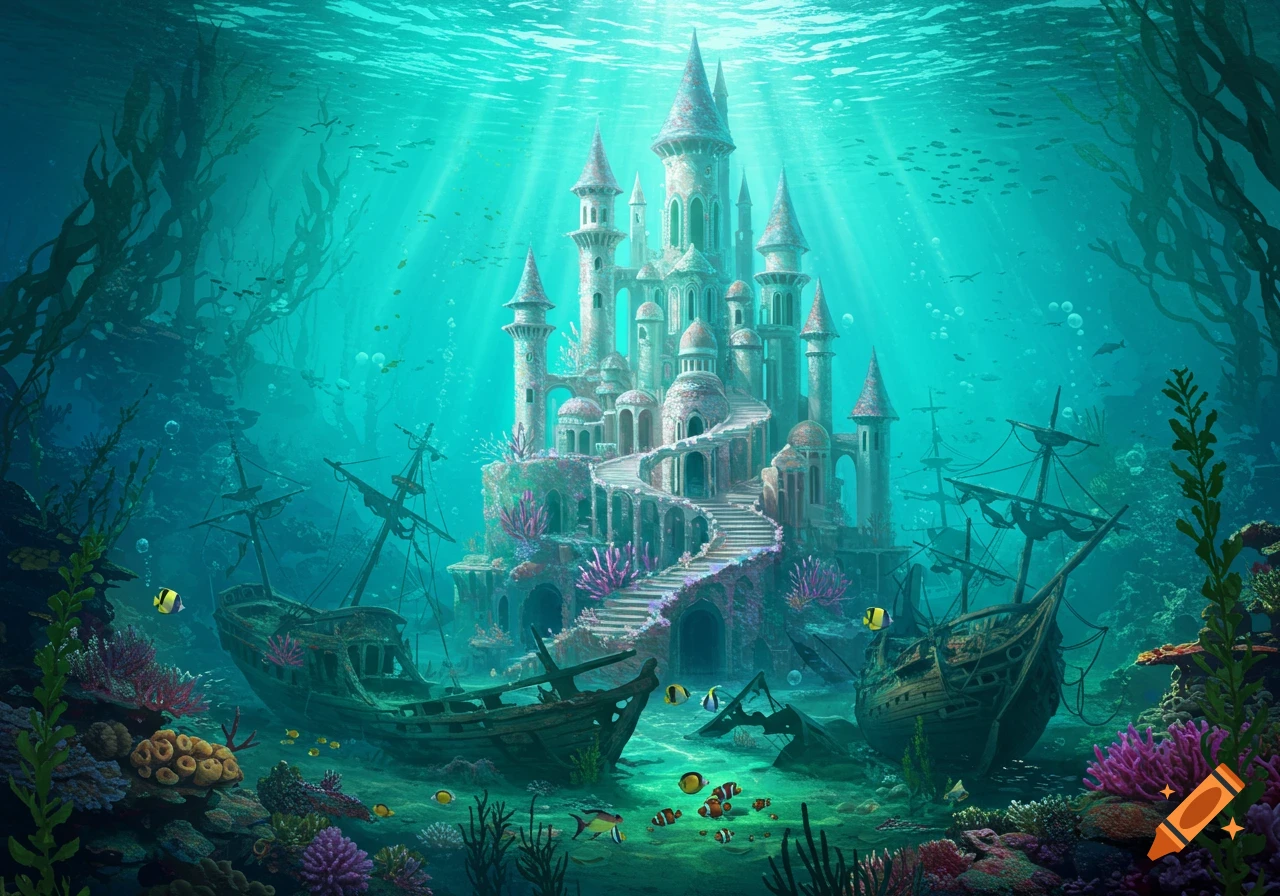 Fantasy underwater castle with sunken ships and coral reefs on Craiyon
