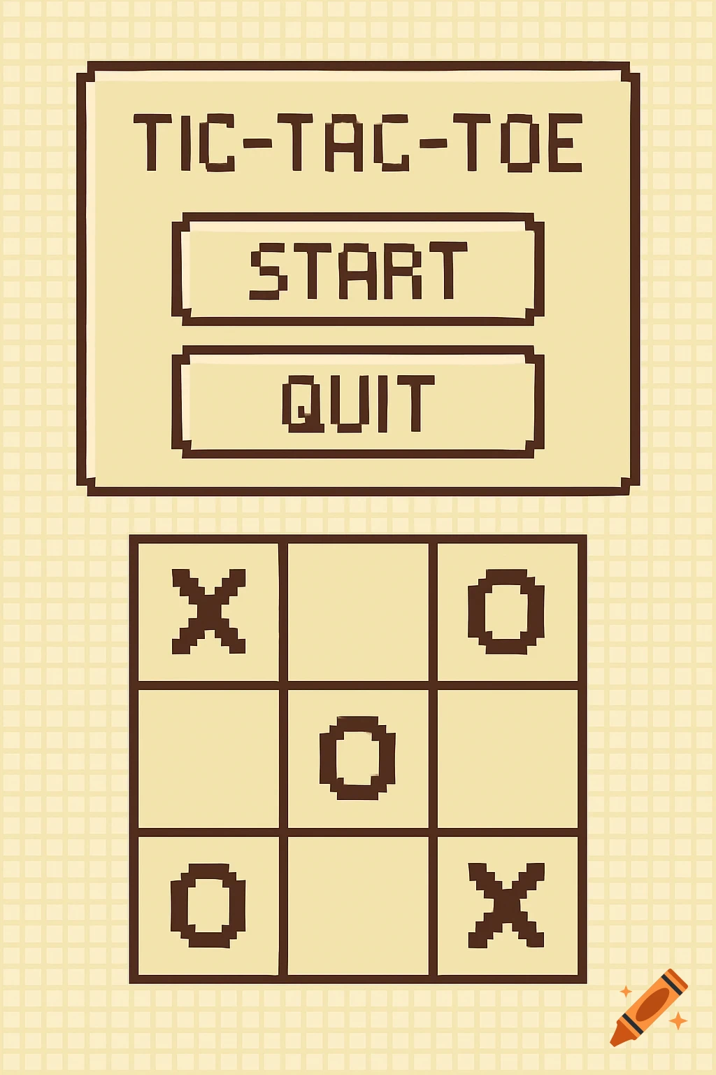 Pixel art game screen for Tic-Tac-Toe with menu buttons and board. on Craiyon