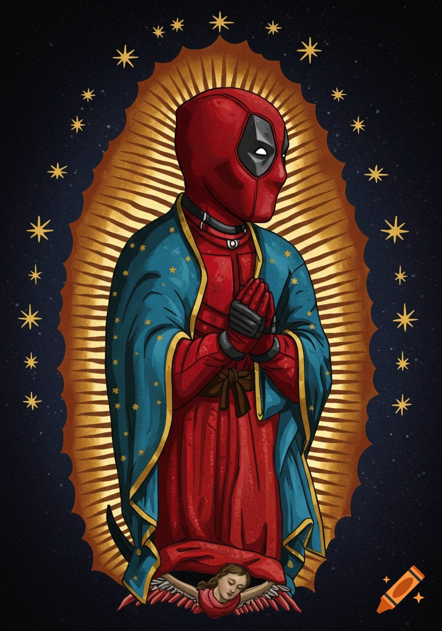 Deadpool dressed as Guadalupe, praying in golden rays and stars with a ...