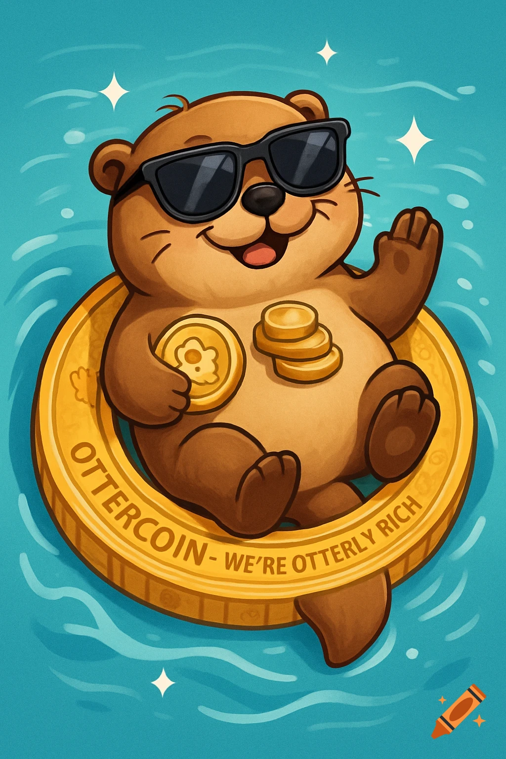 Cartoon otter with sunglasses floating on a coin in water, holding ...