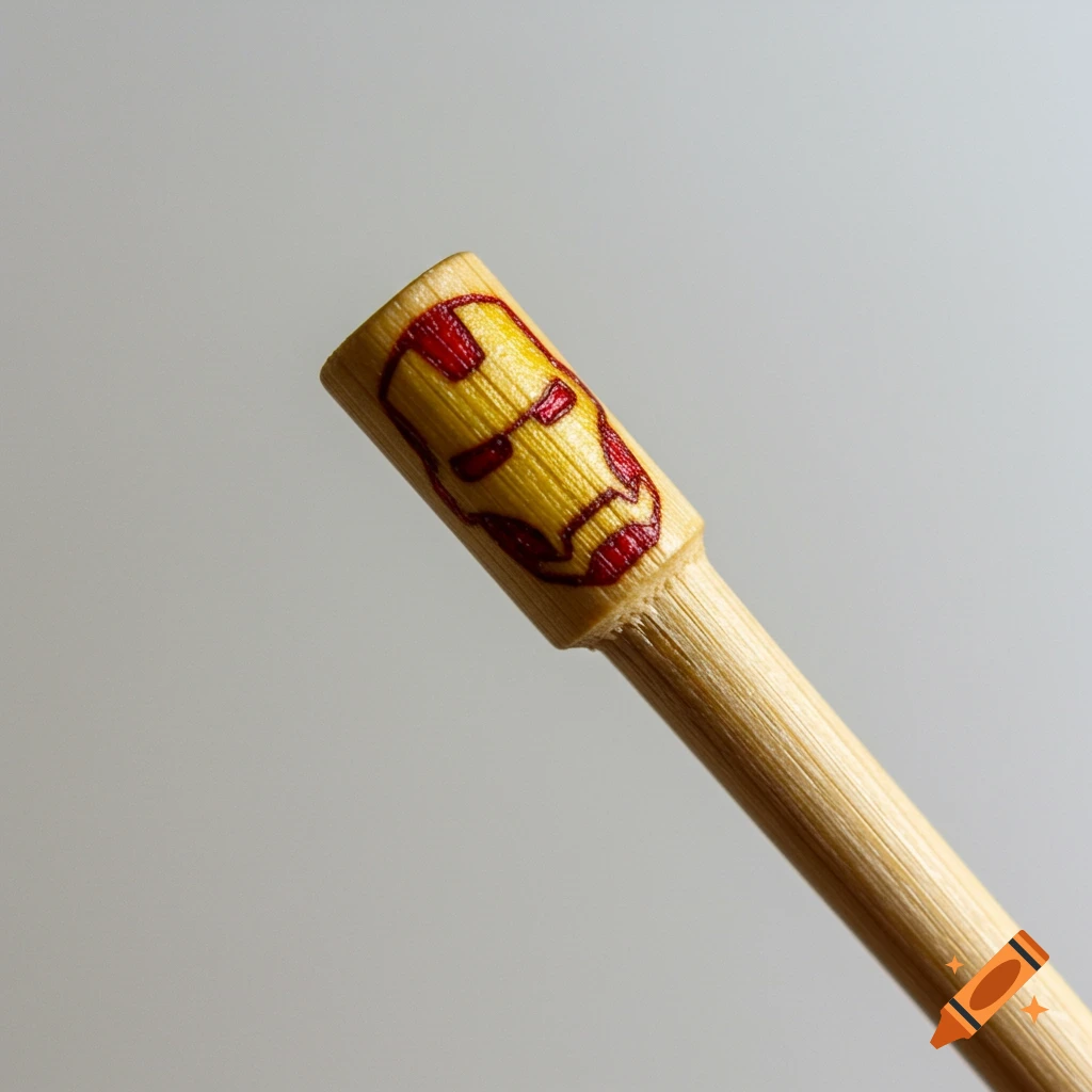 Close-up of an Iron Man mask drawn on the end of a bamboo toothpick. on ...