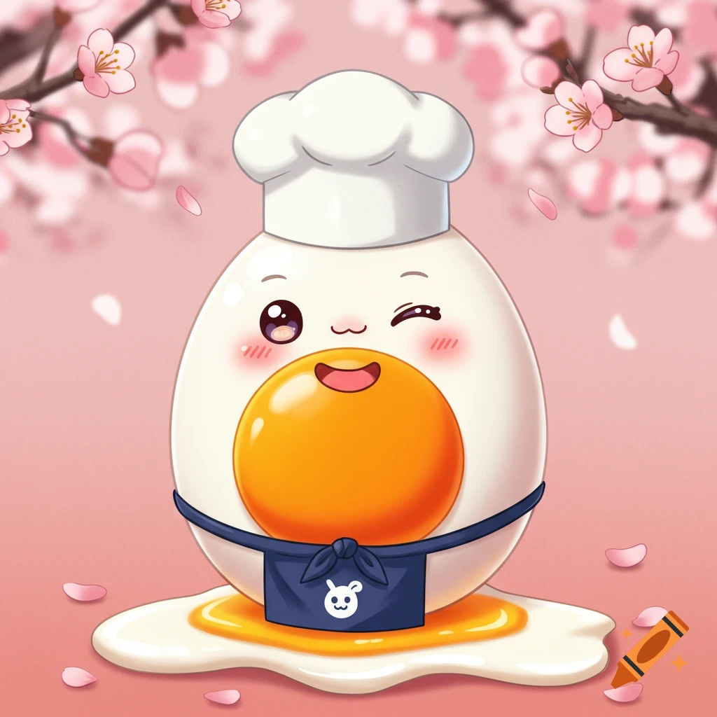 Cute anime egg character dressed as a chef, winking, with cherry ...