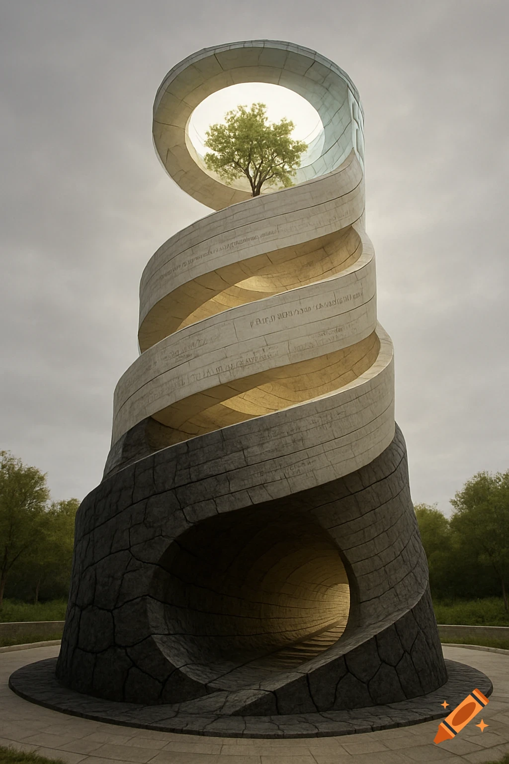 A spiraling memorial tower transitions from dark stone base to lighter ...