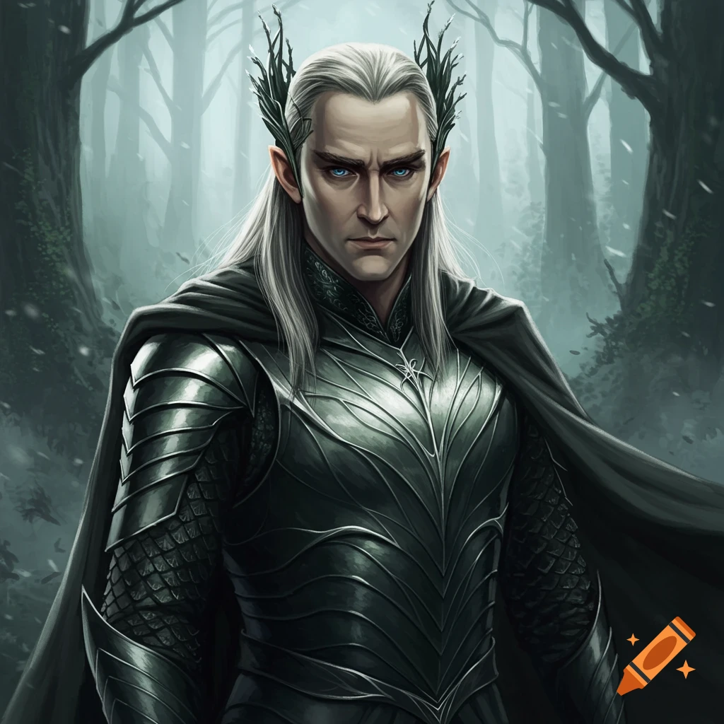 Realistic portrait of a regal elf king in ornate armor standing in a ...