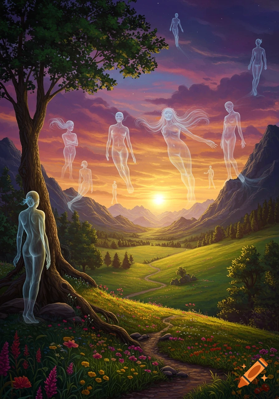 Translucent human figures ascend in a vibrant valley landscape at ...