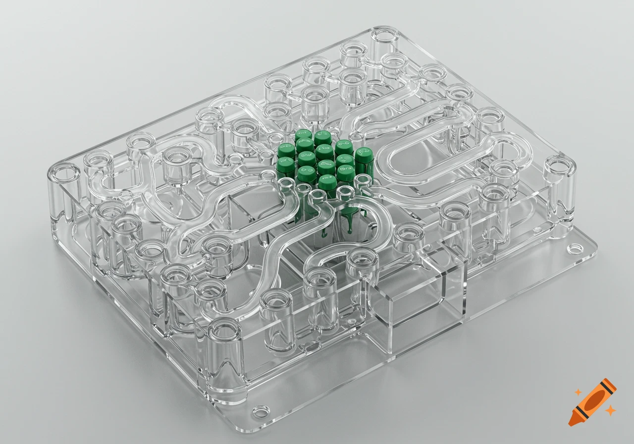 Realistic photo of a clear plastic microfluidic manifold with channels ...