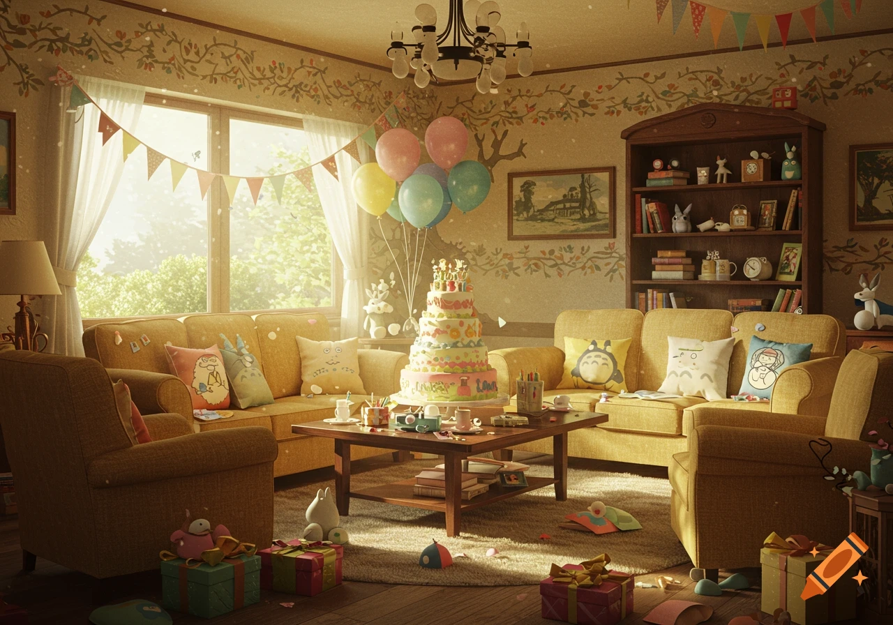 Studio Ghibli style living room decorated for a birthday with a large ...
