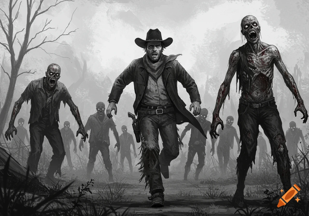 Black and white illustration of a cowboy running from a horde of ...