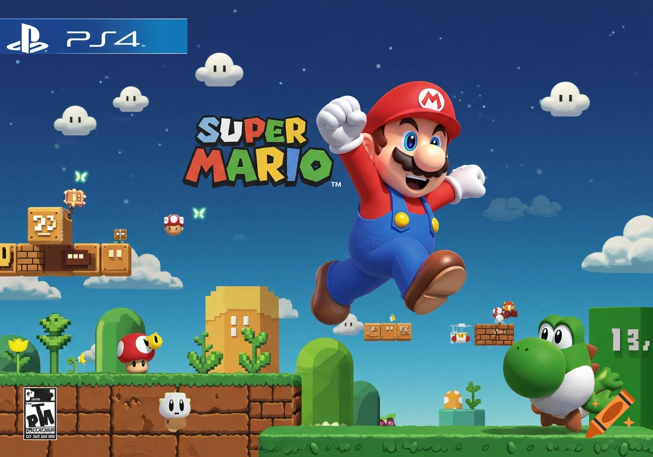 Super Mario game cover showing Mario jumping and Yoshi smiling in a ...