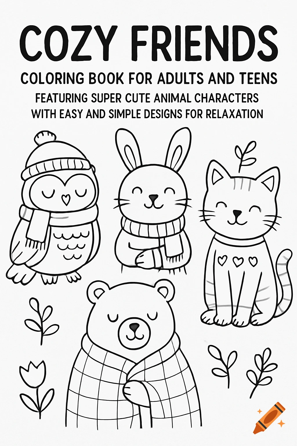Line drawing of cartoon owl, rabbit, cat, and bear with Cozy Friends ...