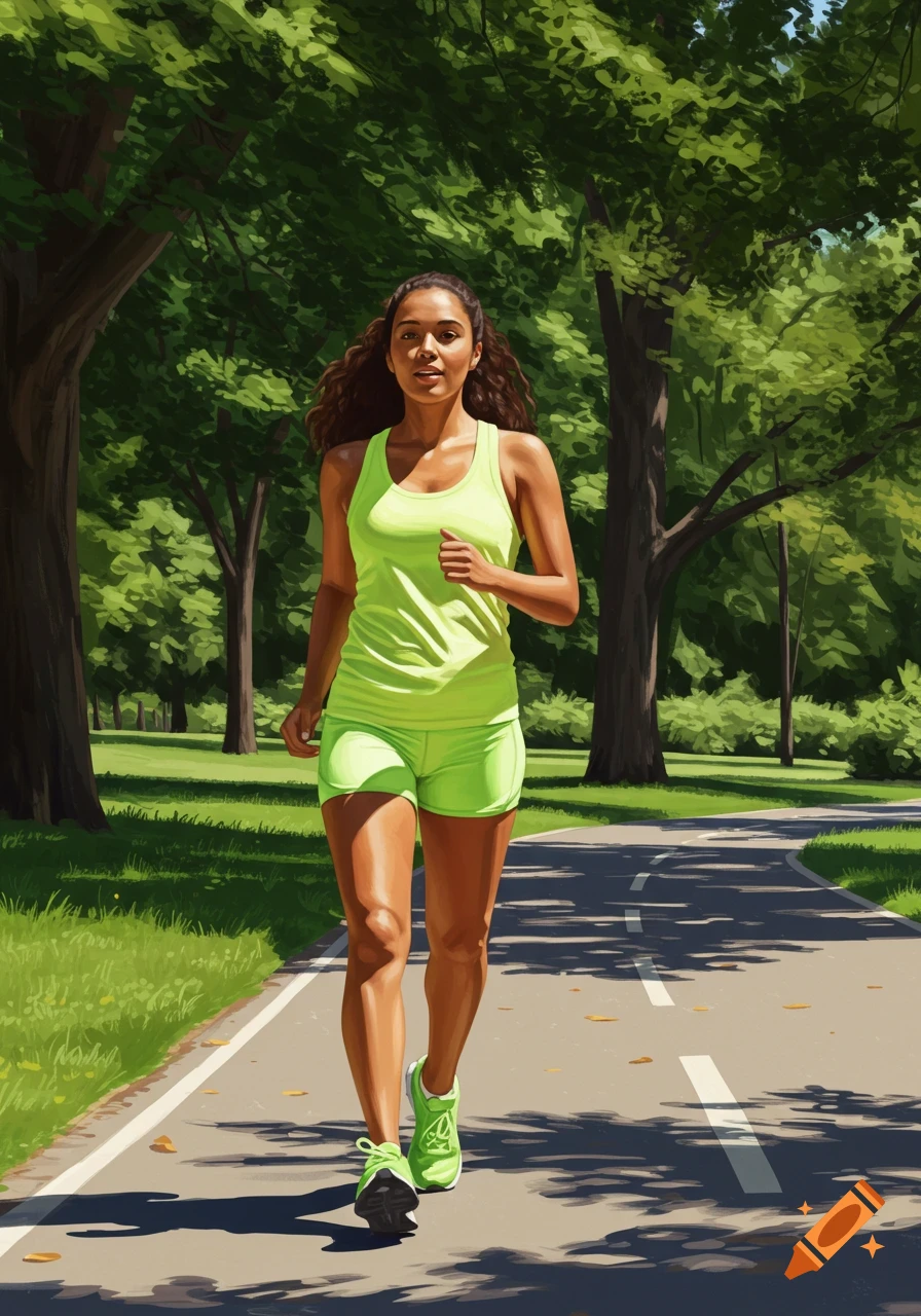 Young woman running on a path in a park, painted style. on Craiyon