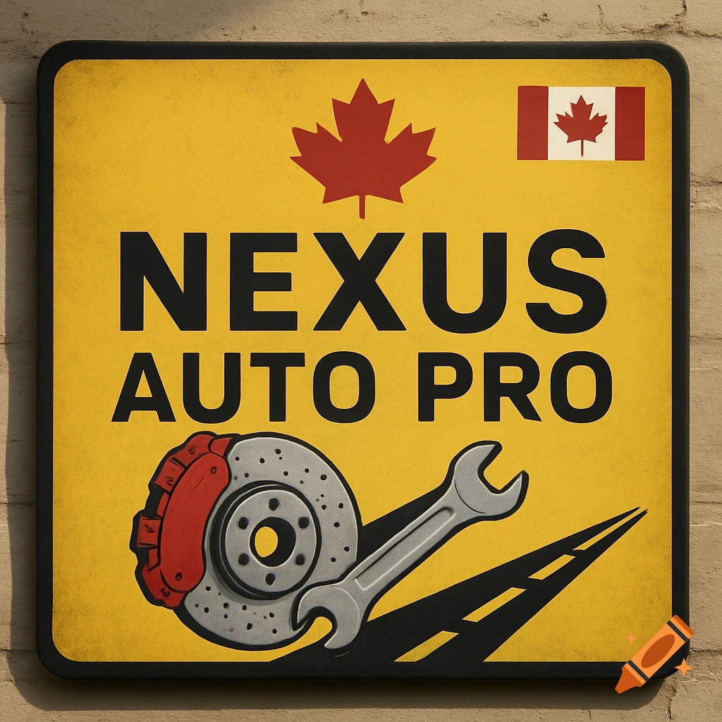 Yellow sign for Nexus Auto Pro garage with maple leaf, Canadian flag ...