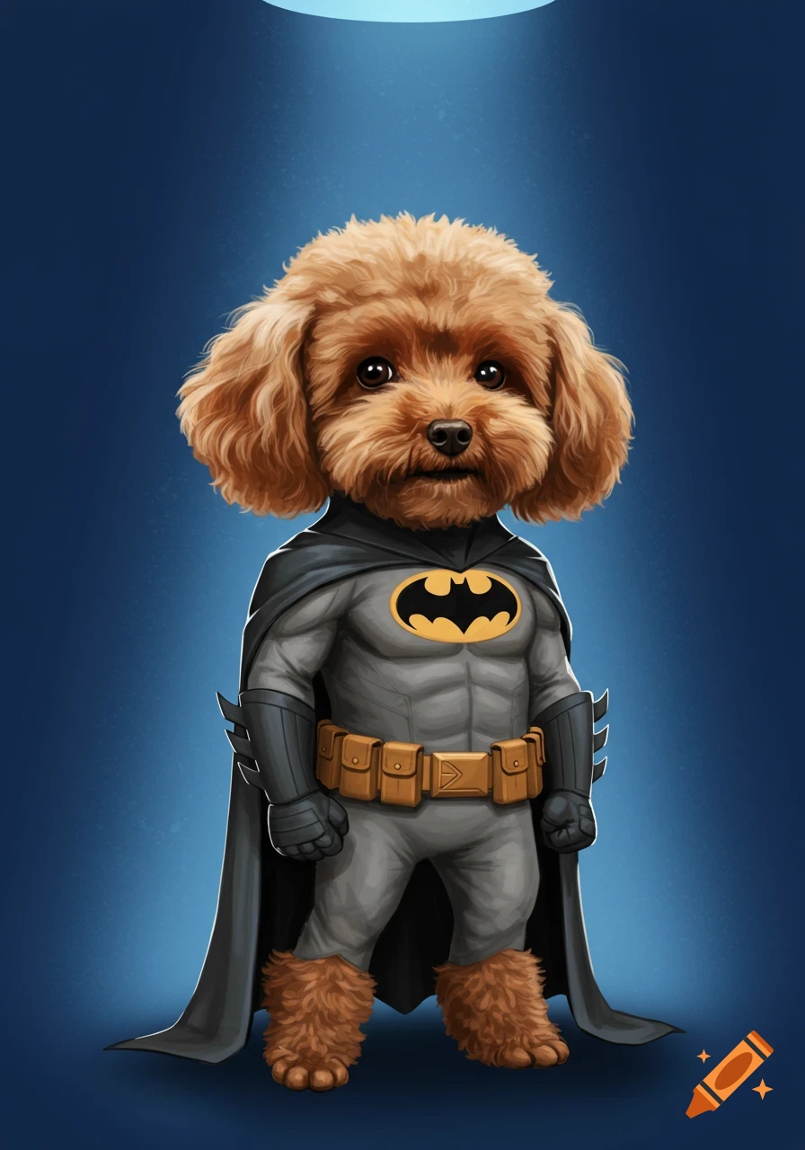 A cartoon brown poodle dog wearing a Batman costume stands heroically ...