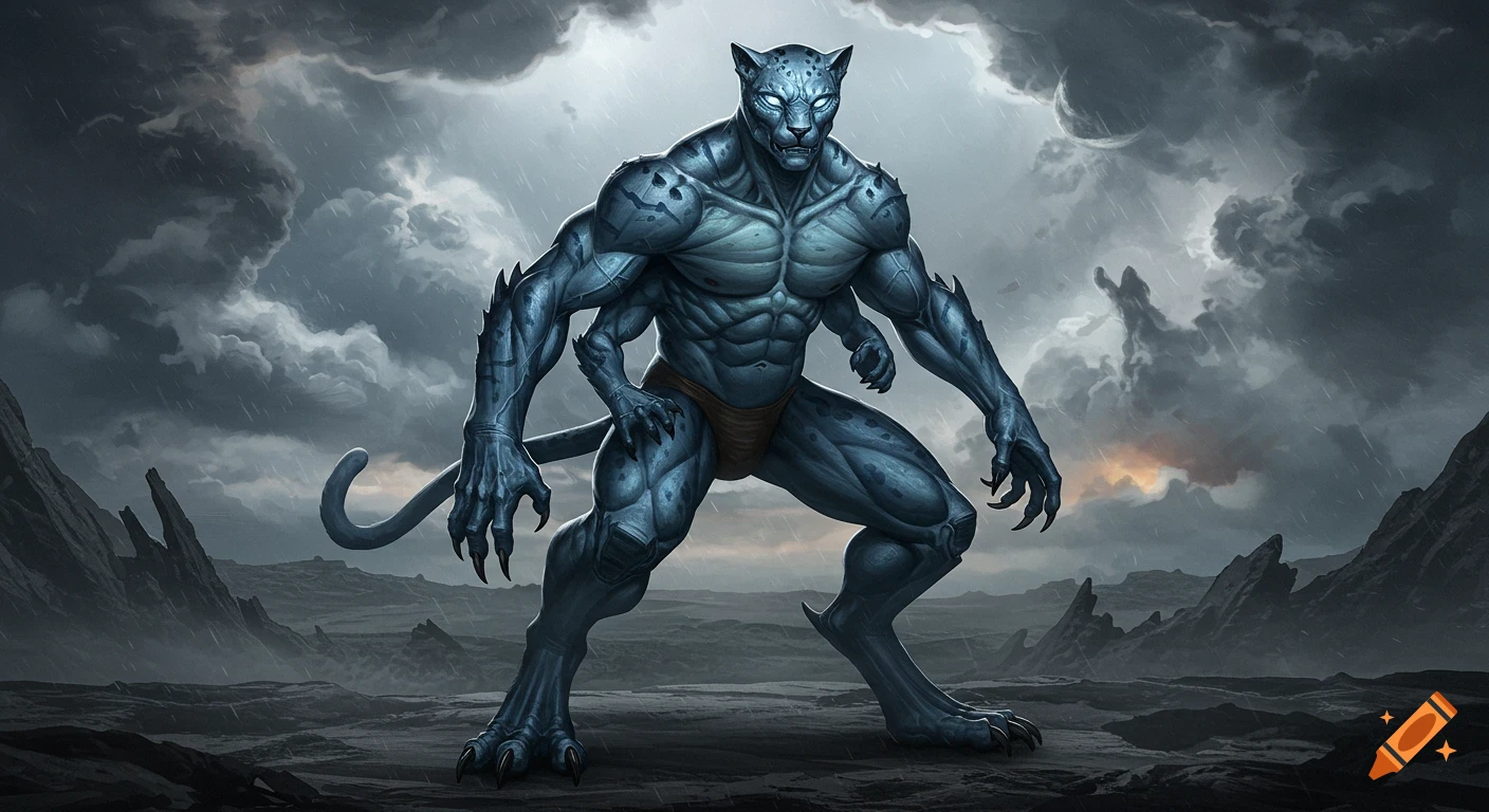 Blue four-armed panther creature in a stormy alien landscape. Science ...