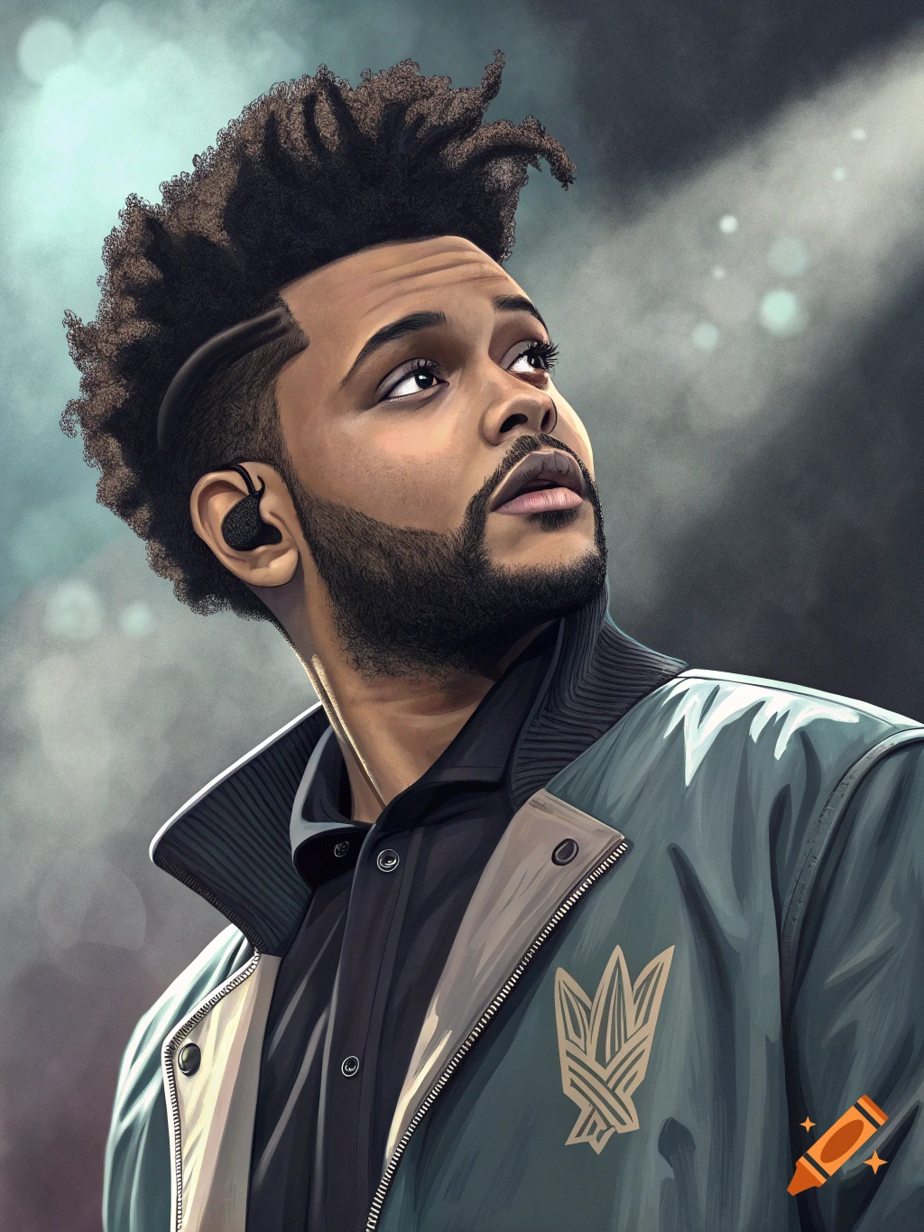 Stylized portrait of a man resembling The Weeknd looking upwards ...