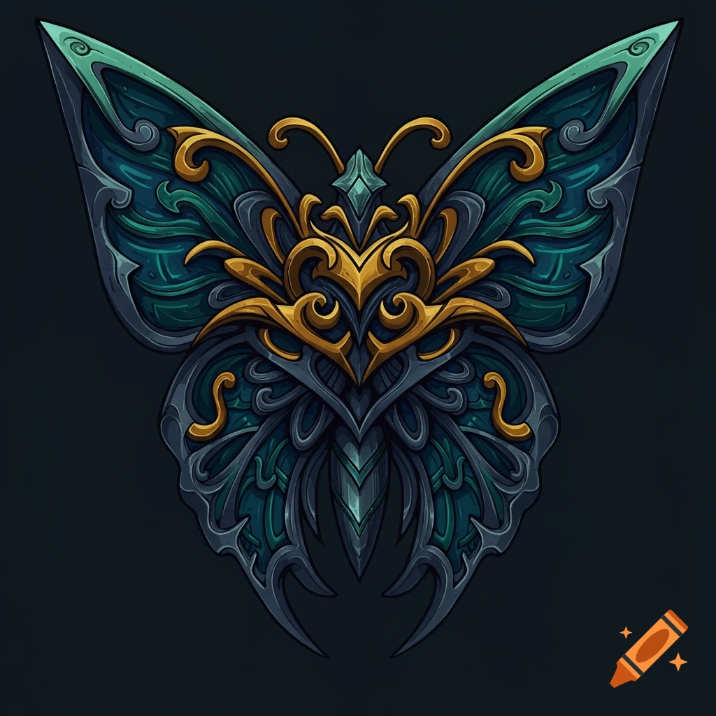 A stylized butterfly shield design in teal, grey, and gold. on Craiyon