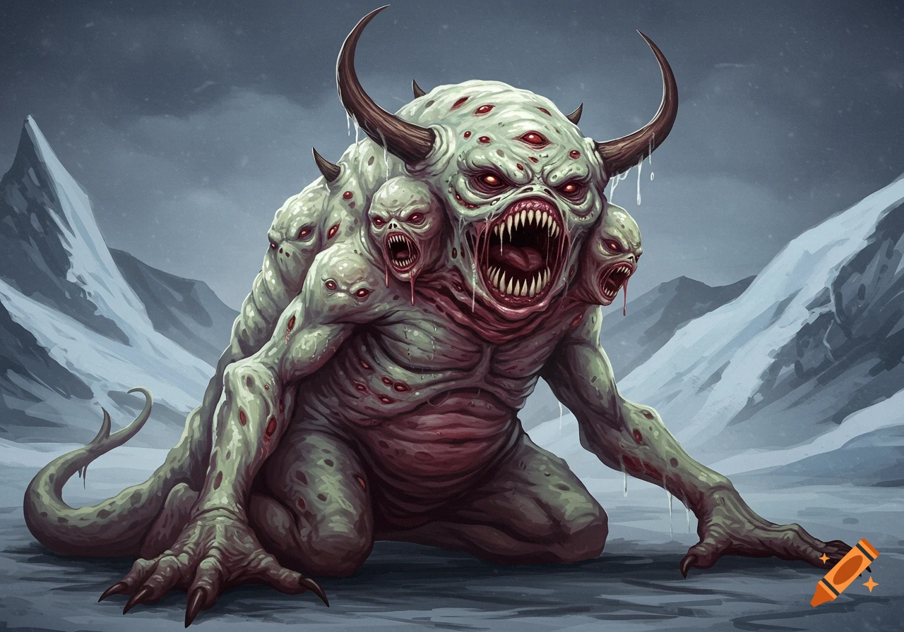 A grotesque multi-headed monster creature with many eyes and horns ...