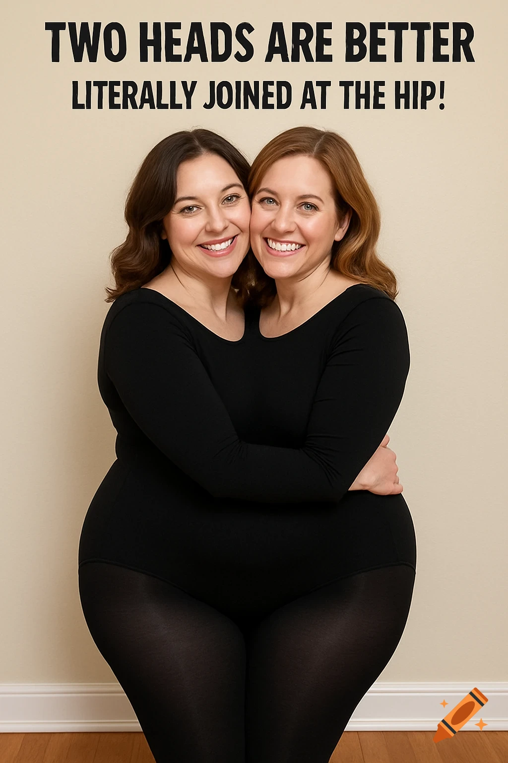 Two women appear as one body with two heads wearing black. Text overlay ...