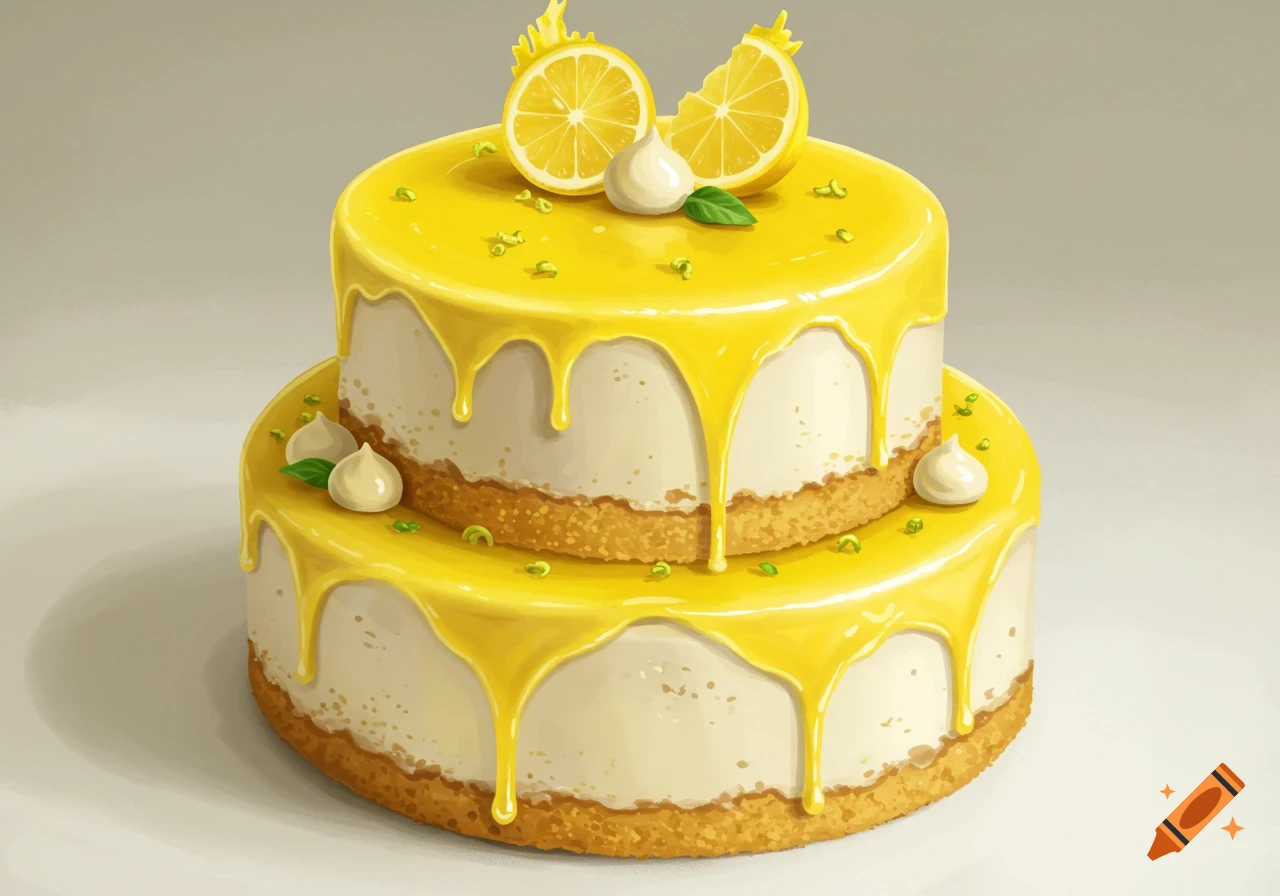 A two-tiered lemon cake with yellow dripping icing and lemon slices on ...