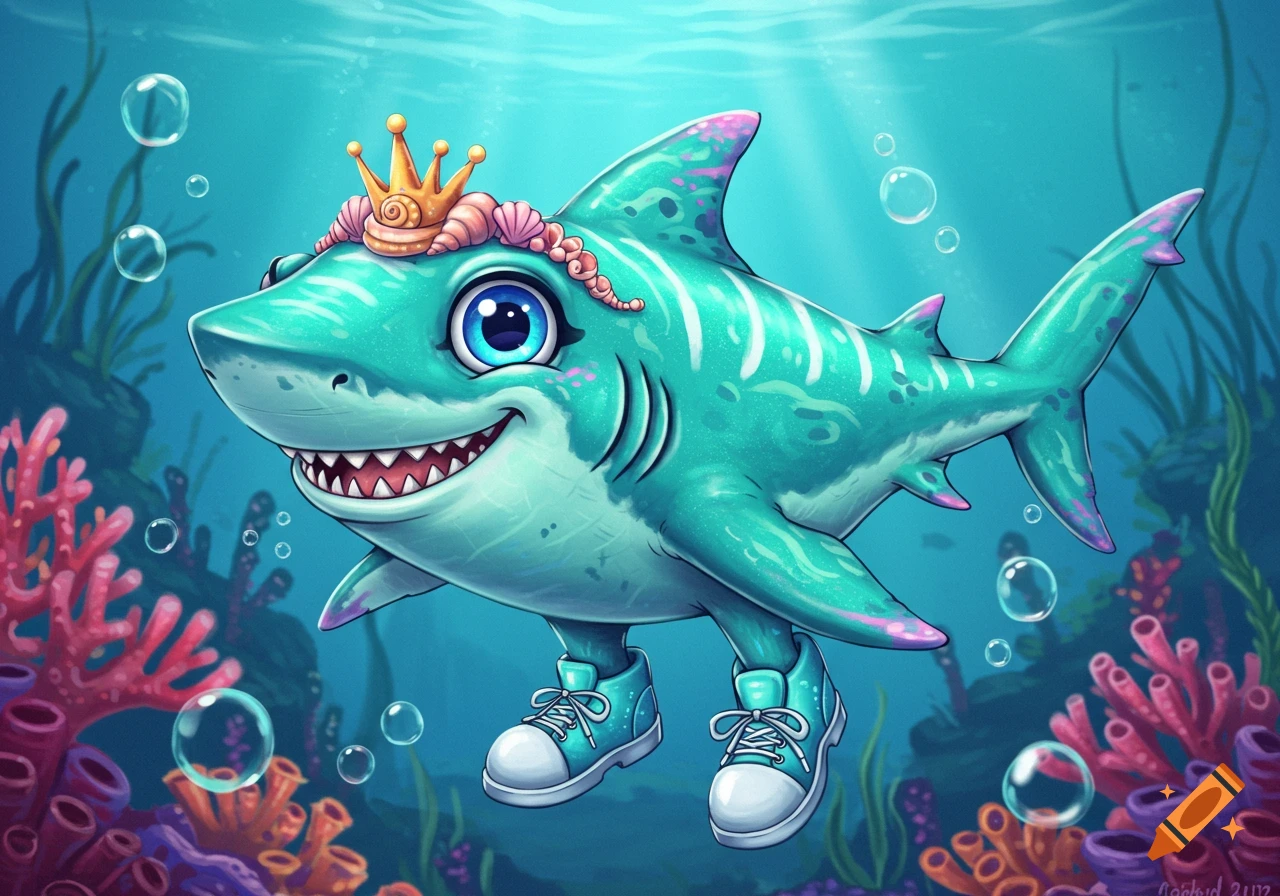 Cartoon illustration of a happy shark wearing a crown and blue sneakers ...