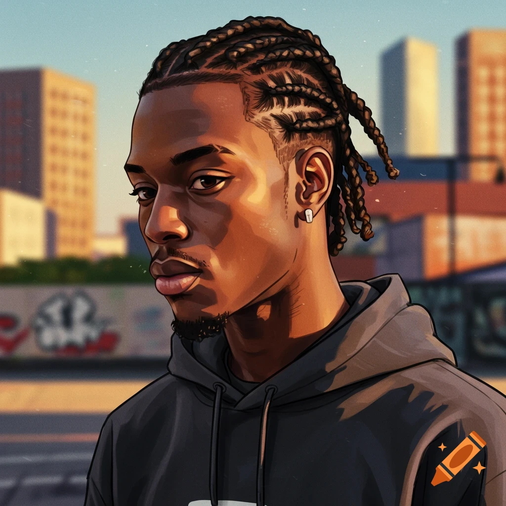 Stylized illustration of a young Black man with cornrows in an urban ...
