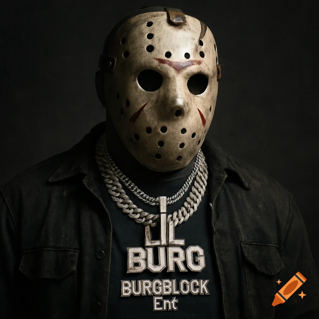 Realistic portrait of person in Jason Voorhees mask with diamond chains ...