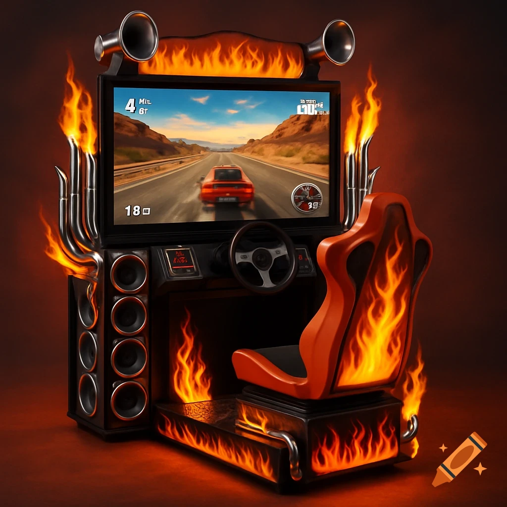 Arcade racing game machine with screen showing a car on a track ...