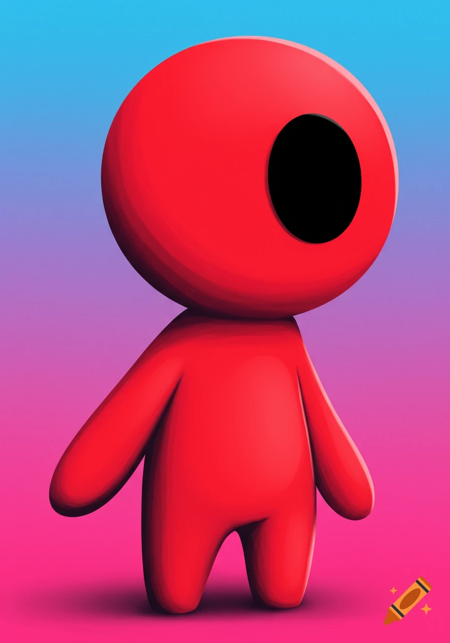 A simple red blob character with one black eye stands on a gradient ...
