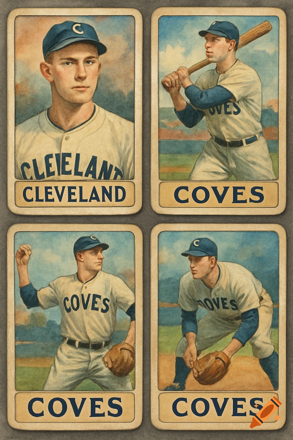 Four vintage baseball trading cards featuring players in various poses ...