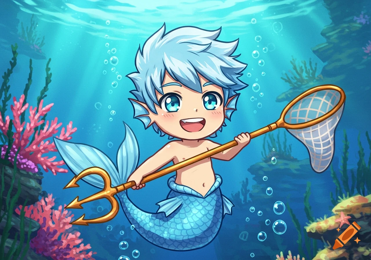 A chibi merman holds a trident and net underwater, anime style on Craiyon