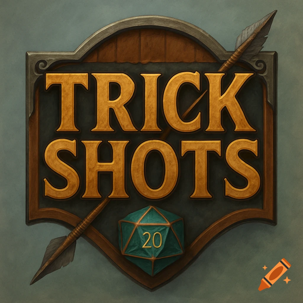 A fantasy logo with the text 'TRICK SHOTS', arrows, and a D20 die. on ...