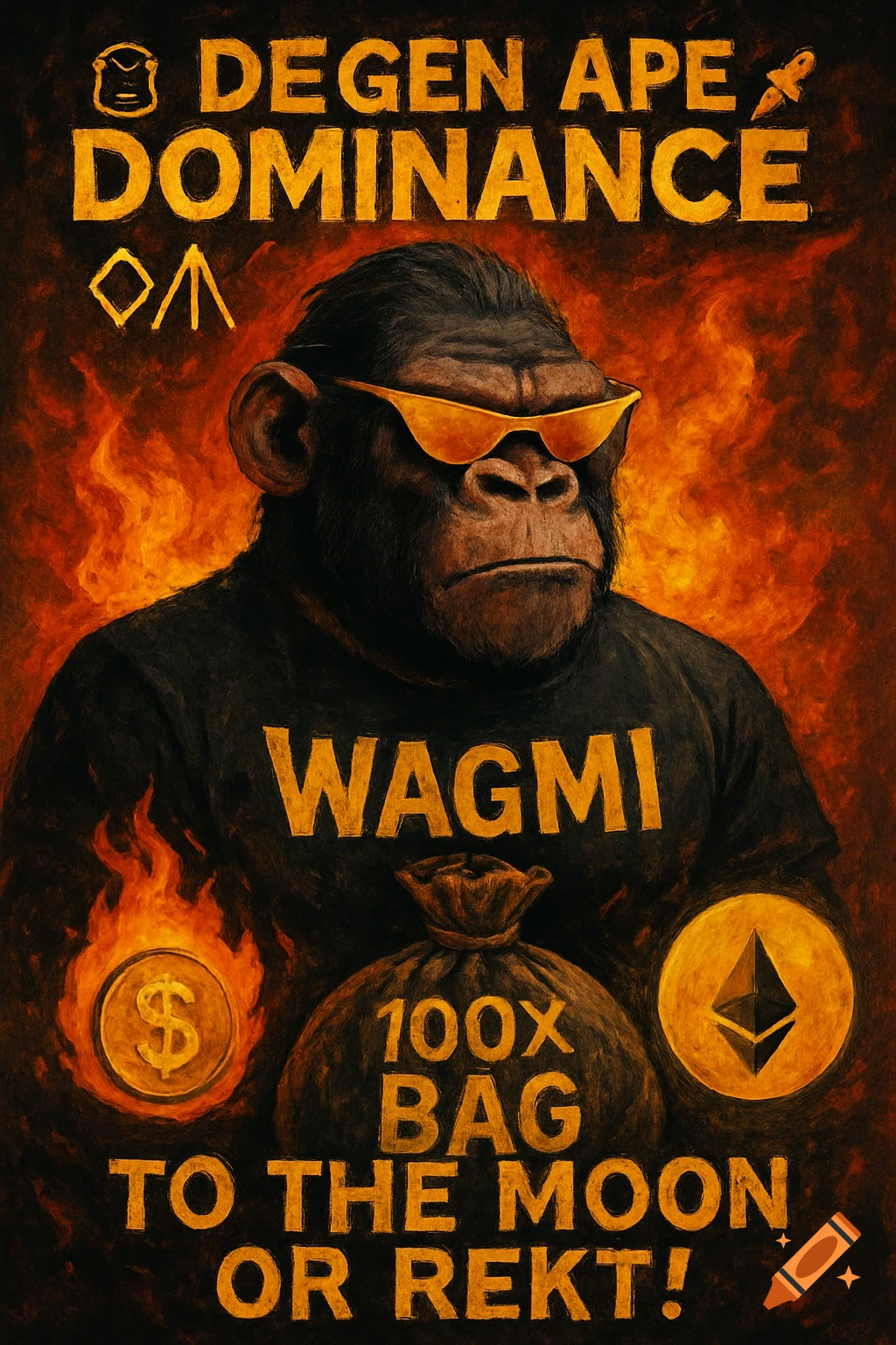 Stylized poster featuring a stern ape with sunglasses, wearing a 'WAGMI ...