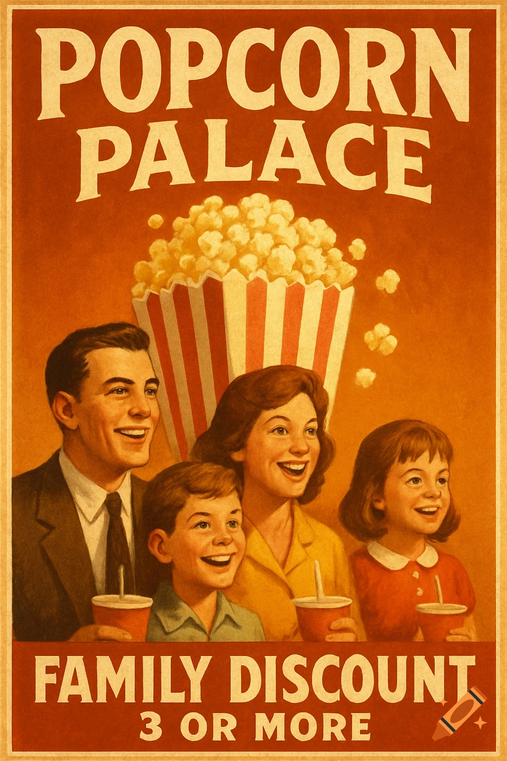 Vintage poster for Popcorn Palace showing a family with popcorn and ...