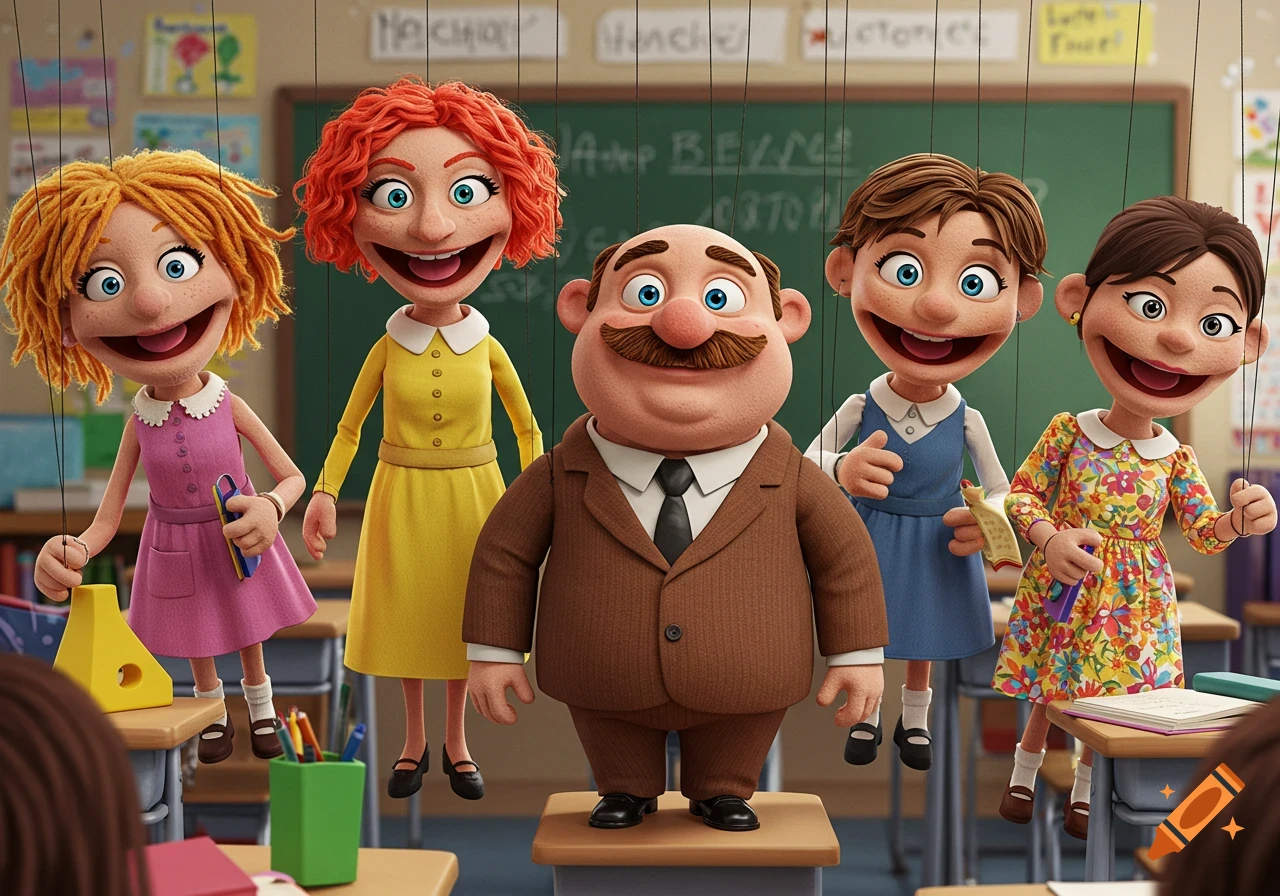 Puppet teachers and students stand in a classroom. on Craiyon