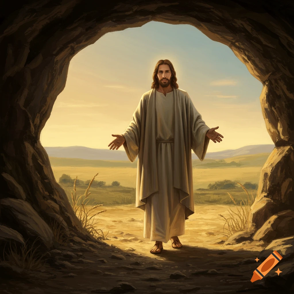 Jesus stands at the mouth of a cave with arms outstretched, overlooking ...