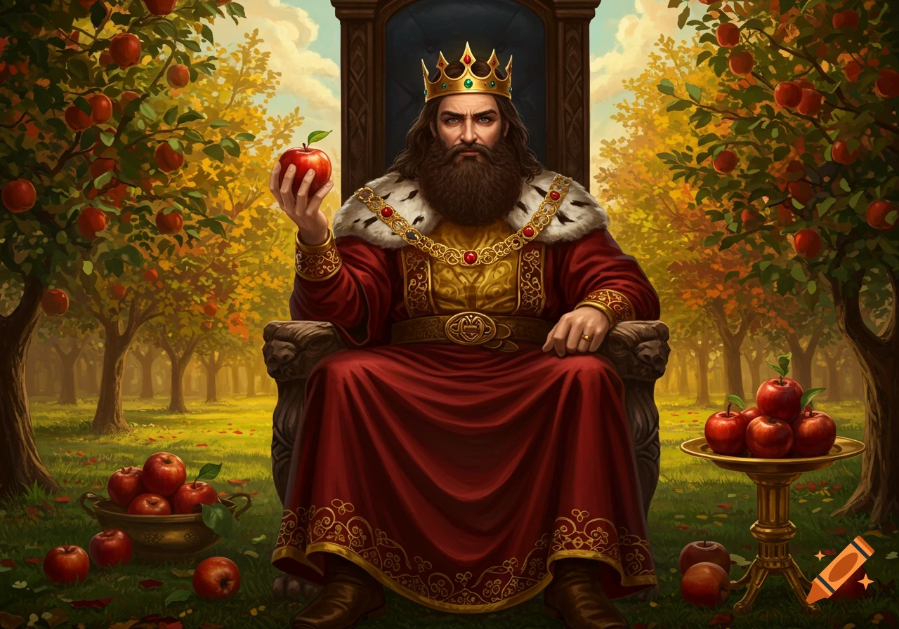 A king sits on a throne in an apple orchard, holding a red apple ...