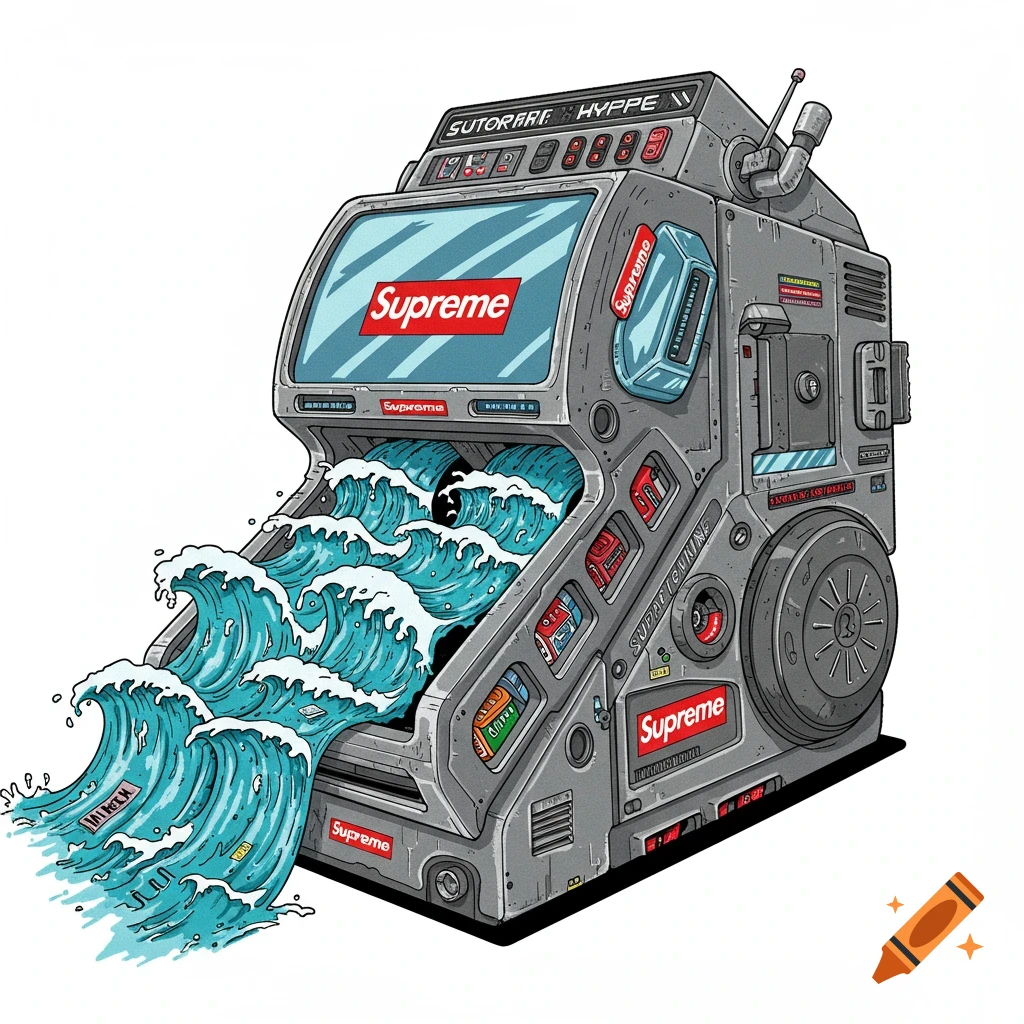 Illustration of an arcade machine with waves pouring out, featuring the ...