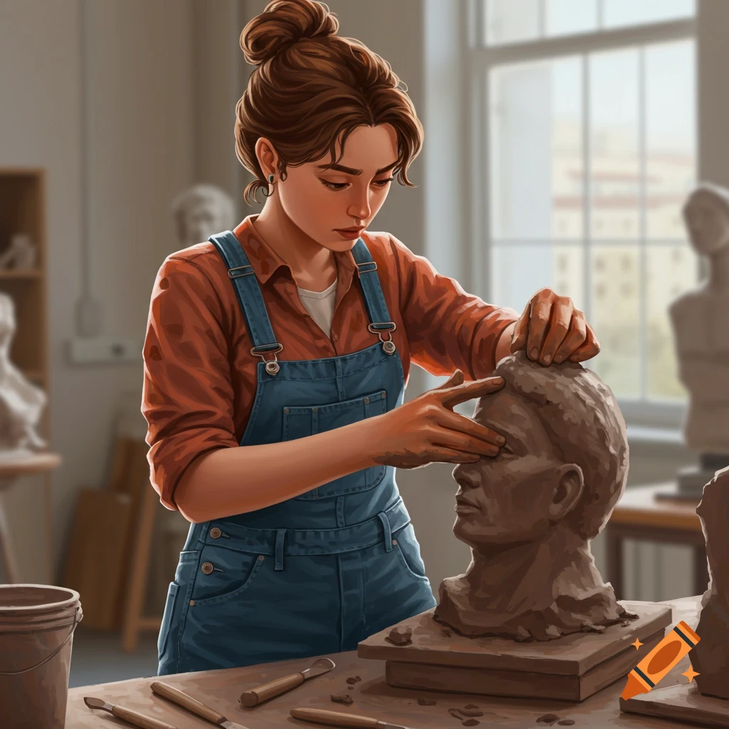 Woman sculpting a clay bust in a bright art studio. on Craiyon