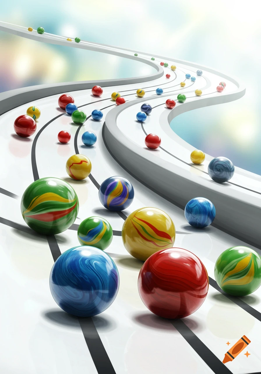 Colorful marbles race down a winding white track under a bright sky. on ...