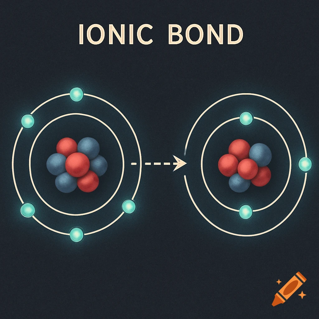 Diagram illustrating an ionic bond between two atoms. on Craiyon