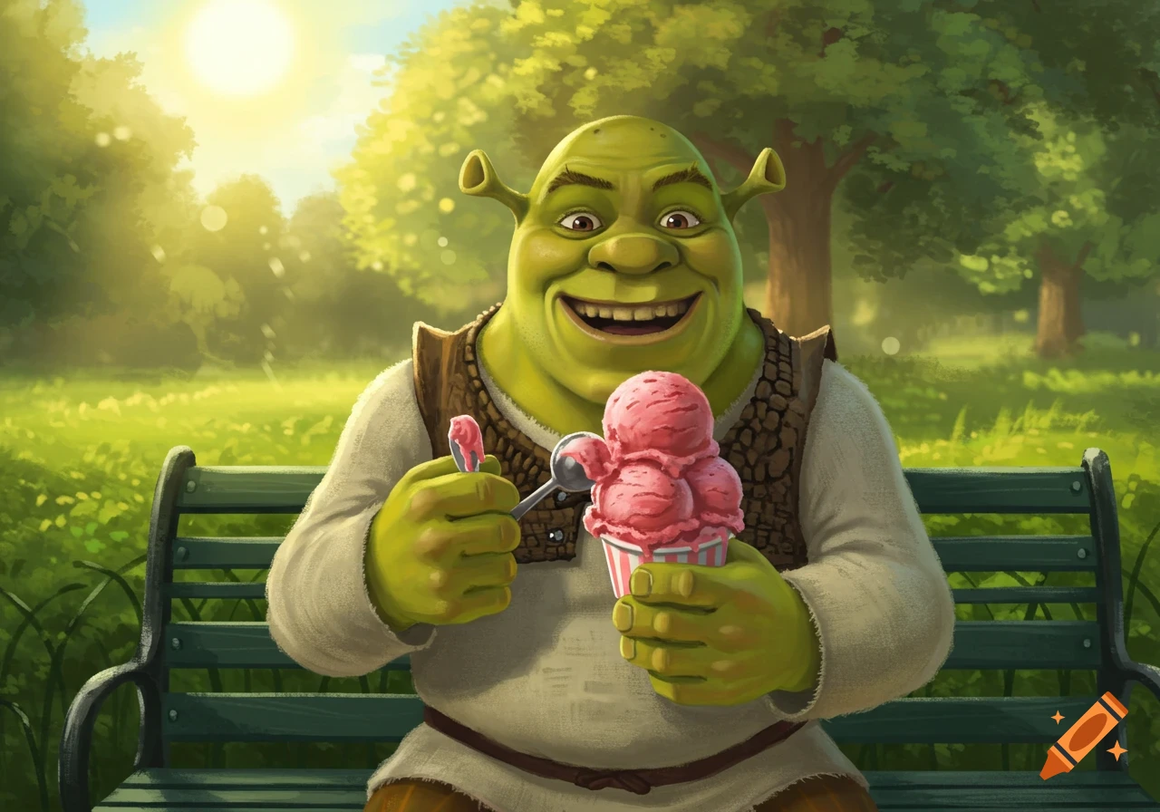 Shrek sits on a park bench eating a large cup of pink ice cream. on Craiyon