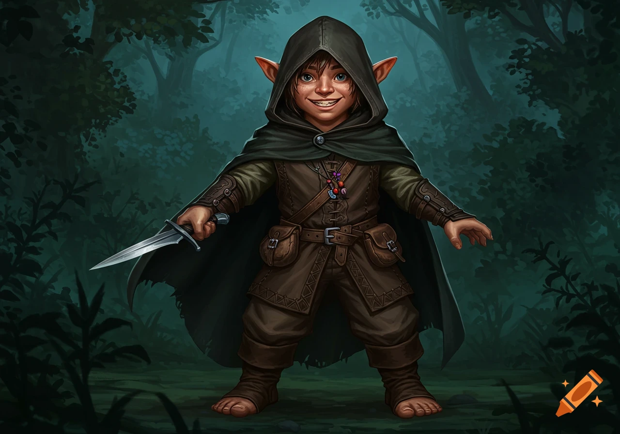 Illustration of a smiling halfling rogue wearing a hooded cloak and ...