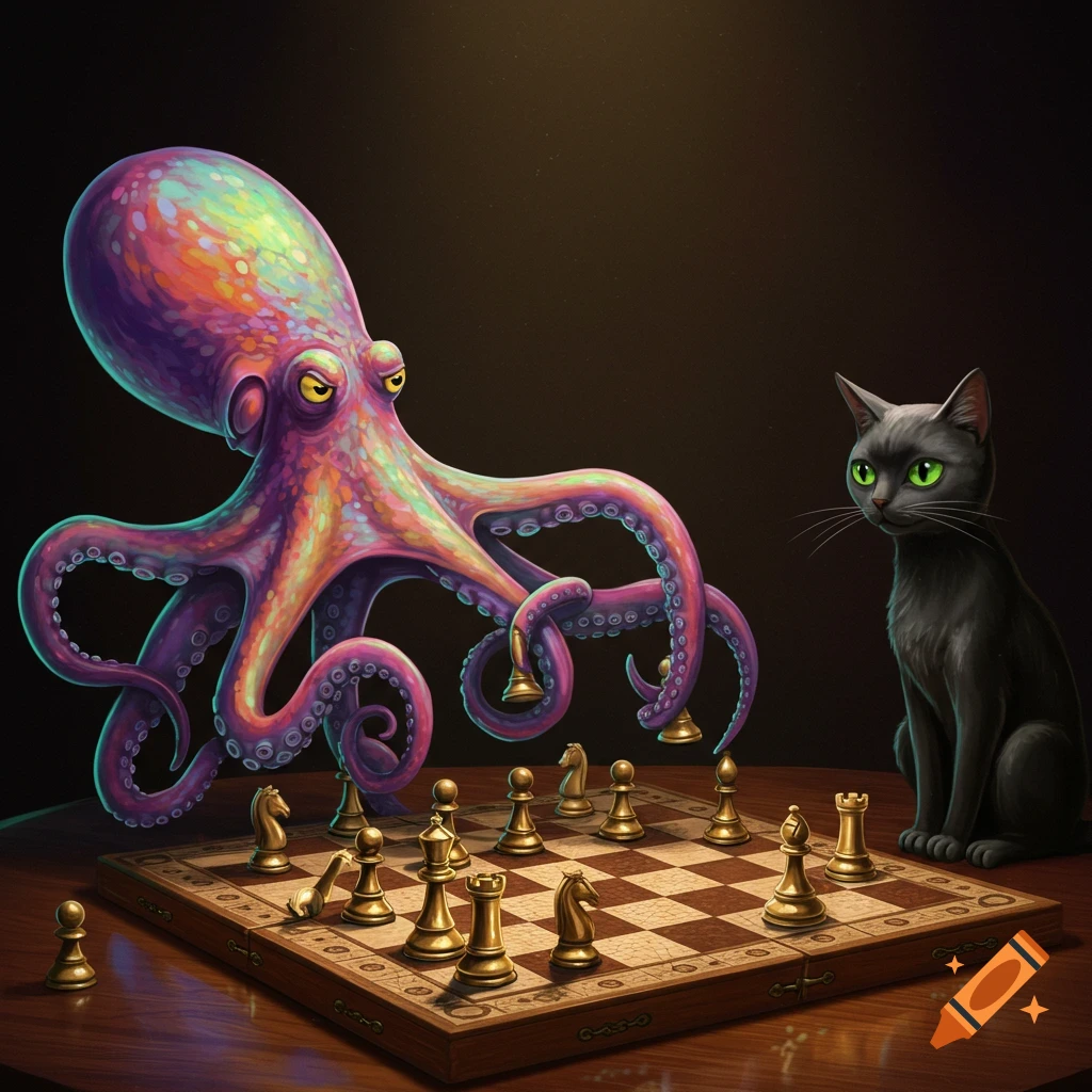 A vibrant, colourful octopus playing chess against a black cat. on Craiyon