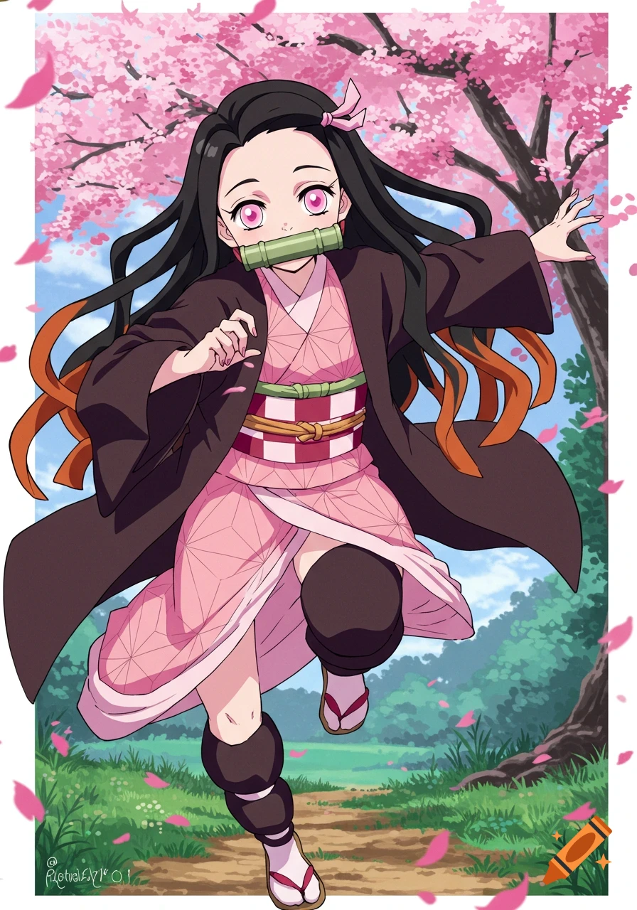 Anime girl Nezuko running through a field with cherry blossom trees on ...