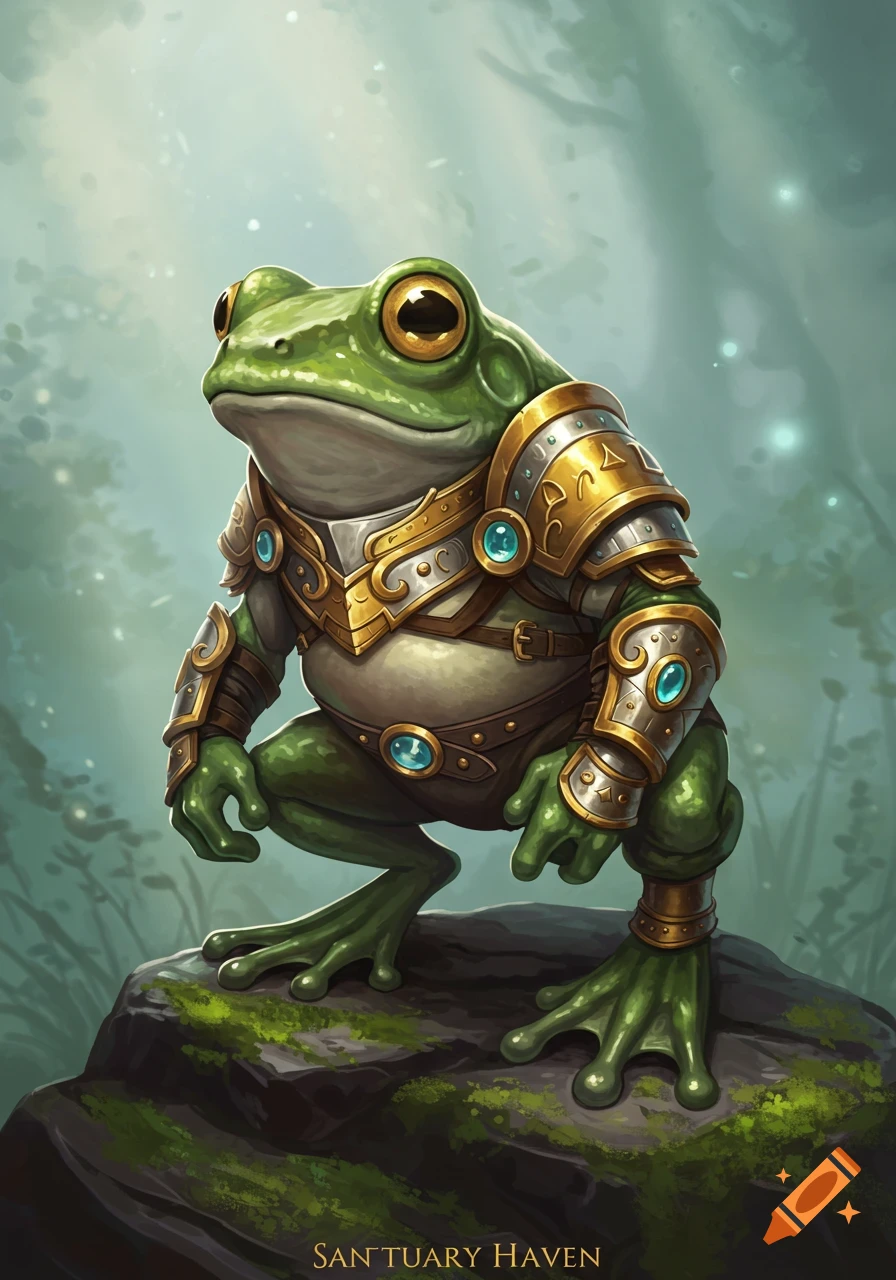 Fantasy illustration of a frog wearing gold and silver armor standing ...