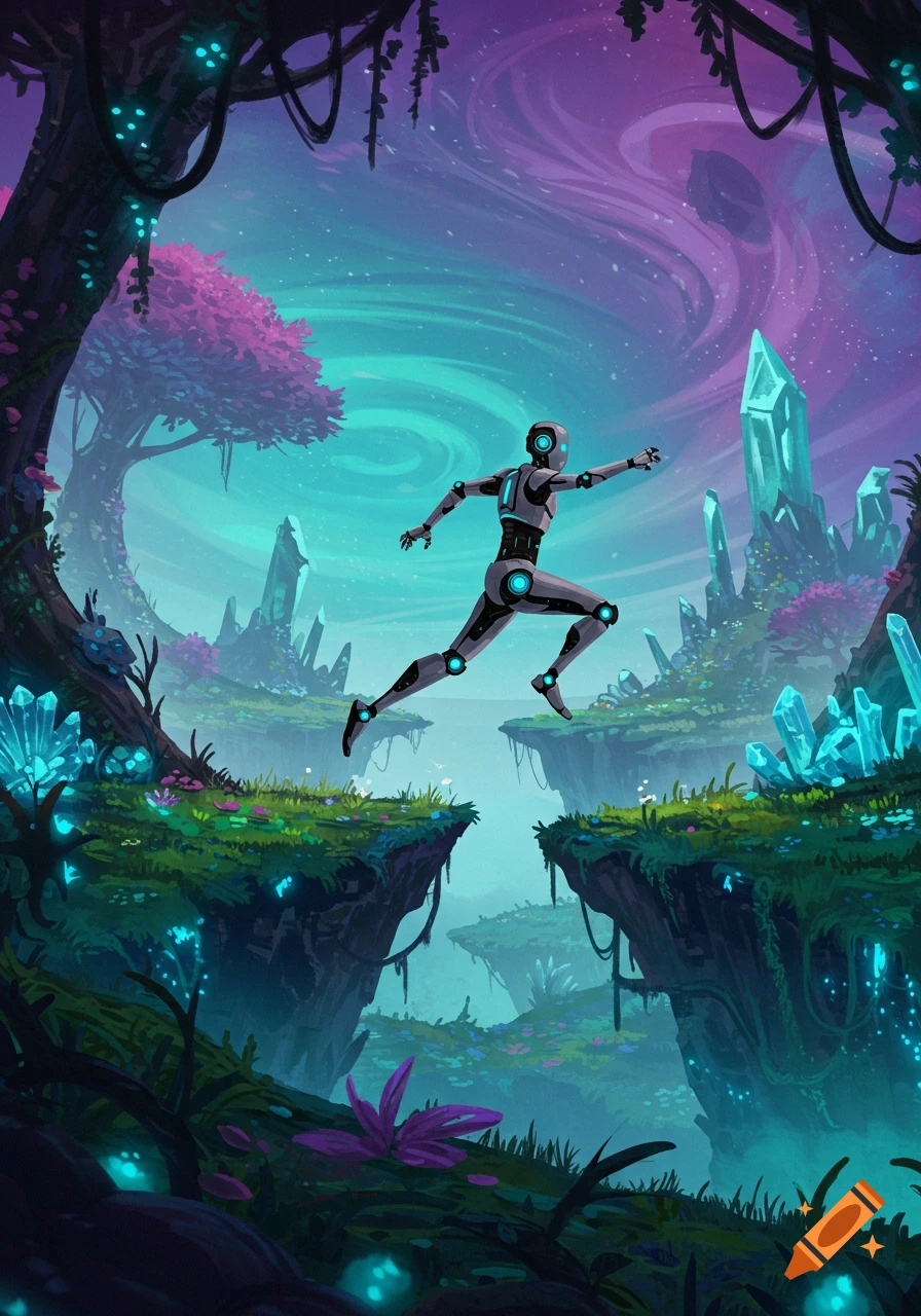 A robot jumps across a chasm in a vibrant alien landscape with glowing ...