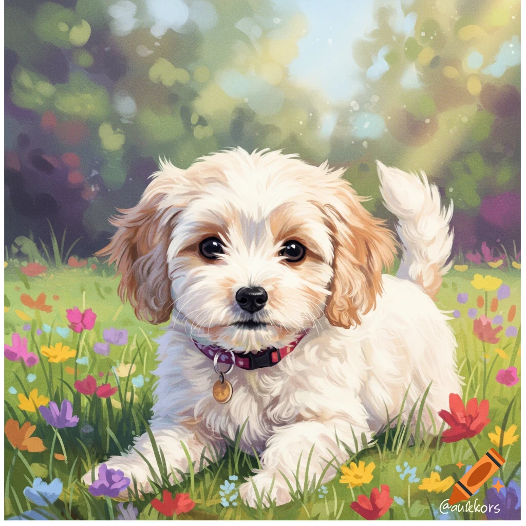 Painterly illustration of a white Cavapoo puppy sitting in a field of ...