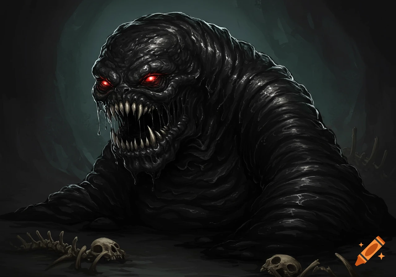 A black sludge monster with red eyes and sharp teeth surrounded by ...